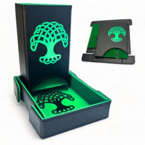 luck lab folding dice tower and dice tray for rpg table top gaming - black/green - tree of life design