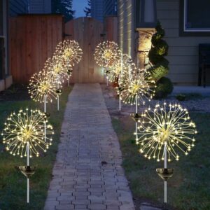 honche solar garden lights outdoor waterproof, led firefly starburst firework light for pathway patio lawn backyard flowerbed party christmas decorations with 120 leds 8 mode 2 pack warm white round