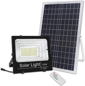 brillihood led solar flood light, 100w, 5000 lm, 6500k, outdoor dusk to dawn security light ip67 waterproof street light with remote control for lawn, yard, garden, gutter, swimming pool, pathway