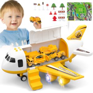 unih toddler airplane for 2 3 4 5 year old boys & girls, kids toys plane with lights and sounds, transport cargo airplane with 4 construction cars