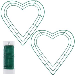 willbond 2 pack 12 inch heart-shaped wire wreath rings garden heart dark green metal wreath frame with 115ft green flexible paddle wire florists wire for new year valentines home party decoration