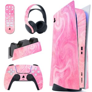 playvital psychedelic pink full set skin decal for ps5 console disc edition, sticker vinyl decal cover for ps5 controller & charging station & headset & media remote