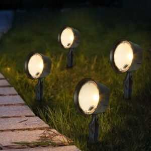 moon bay outdoor low voltage led landscape pathway spotlights for yard, led 1.2w, warn white, 45 lumen, waterproof for outdoor, plastic body and plastic cover with plastic spike, (4 pack, black)