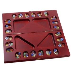 gse games & sports expert 4-player mancala board game with multi-color glass stones, folding wooden 4-way mancala family travel strategy games set for kids & adults (mahogany)