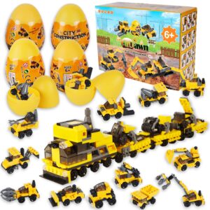 atdawn 12 pcs prefilled easter eggs with construction vehicles building blocks for easter basket stuffers, easter egg hunt, easter party favors