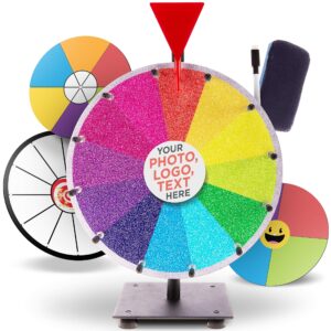 prize wheel spinner board game - 12" spin wheel for prizes with stand, slots 12, 6, 4 color & white spinning wheels, custom logo personalize printable self adhesive sheets, dry erase pen, eraser, bag