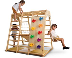 avenlur magnolia indoor playground 6-in-1 jungle gym montessori waldorf style wooden climber playset slide, rock climbing wall, rope wall climber, monkey bars, swing for toddlers, children kids 2-6yrs