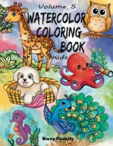 watercolor coloring book kids: (volume 5) 12 adorable top-notch illustrations + 12 inspiring reference pages. peacock, kitten, pubby, flamingo, ... (watercolor coloring books for kids)