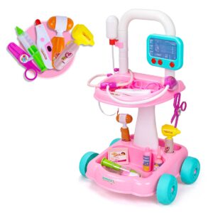 unih doctor cart kit for kids 3 4 5, medical play set realistic with lights toddlers toys for boys girls 2-4 (pink)