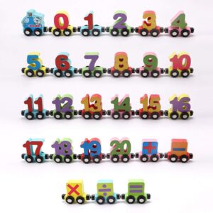 quoxo wooden trackless numbers trains set, magnetic train cars for children early education