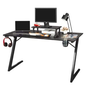 topsky gaming computer desk home office gaming table with cup holder headphone hook z shaped leg(55”, all black)