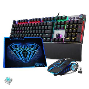 aula gaming keyboard and mouse combo, f2088 wired mechanical keyboard black + sc100 wireless mouse black + mouse pad, led keyboard mouse set