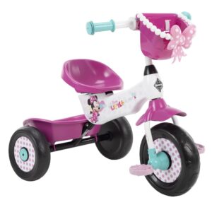 huffy disney minnie mouse girl's trike, ideal for ages 3+, minnie mouse graphics, pink handlebar bow basket, storage bins for snacks or toys, sturdy and durable, safe for toddlers