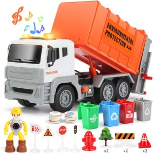 12" garbage truck toys trash truck dump truck with 4 garbage cans, friction powered truck with sound and light,push and go pull back car for boys