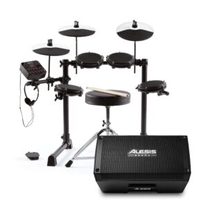 alesis drums debut kit & strike amp 8 bundle - kids drum set with 4 mesh electric drum set pads, 120 sounds and 2000w drum amplifier