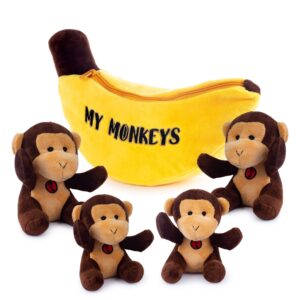 talking plush monkeys toy set with banana carrier | soft, fluffy, and great gift for babies and toddlers