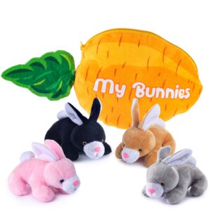 my bunnies plush toy set | includes 4 talking fluffy rabbits | gray, tan, pink, and black bunnies with a plush carrot shaped carrier | great gift for baby and toddler girls or boys