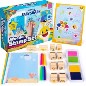 creative kids baby shark stamp set 36 piece wooden stamps set includes ink pads, stickers, markers, picture frames - montessori wood stamp birthday gift set for girls & boys toddlers ages 3+