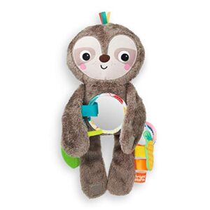 bright starts slingin’ sloth travel buddy plush stuffed animal take-along stroller or carrier toy, ages 0 month+