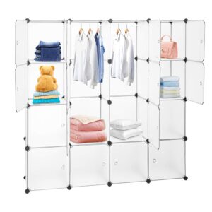 vingli cube storage organizer, 16-cube plastic closet cabinet, diy plastic modular book shelf unit, cube shelves with doors and 2 hanging rods - translucent white