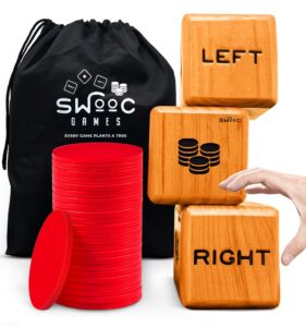 swooc games - giant right center left dice game (all weather) with 24 large chips & carry bag - jumbo wooden lawn game - big backyard game for family - indoor/outdoor - left right center dice game