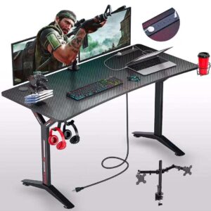 seven warrior gaming desk 55inch with power outlet & dual monitor mount, carbon fiber surface computer gamer desk with full desk mouse pad, ergonomic y shaped gamer table with outlet organizer