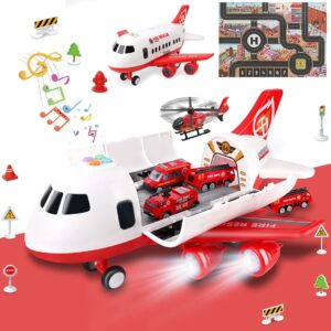 dwi dowellin airplane toy with fire truck cars and play mat,plane with lights and sounds for 3 + years old boys and girls