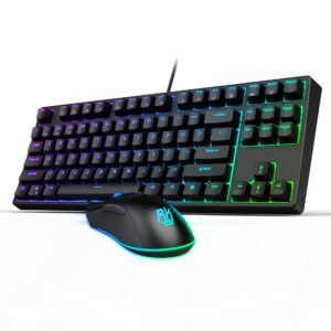 rk royal kludge rk987 gaming keyboard and mouse, wired mechanical keyboard 87 keys and rgb gaming mice combo, programmable computer desktop gaming accessories, brown switches-black set