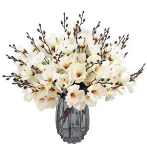 minyulua 6pc artificial magnolia flower silk flowers branches faux flower bouquet for home wedding decoration,home decor party garden office (white)