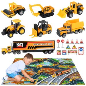 oenux construction toys trucks & play mat, carrier truck with diecast alloy excavator,tractor,dump truck,road roller,bulldozer,forklift,engineering toy vehicles with road signs for kids boys girls