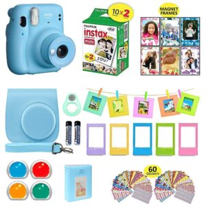 fujifilm instax mini 11 instant camera sky blue + shutter compatible carrying case + fuji film value pack (20 sheets) + shutter accessories bundle, color filters, photo album, assorted frames