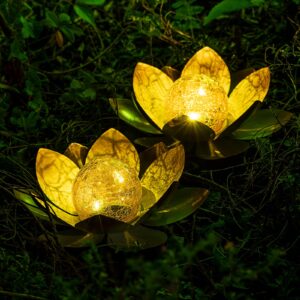 aiiny garden solar lights outdoor(2pack) , amber crackle globe glass lotus decoration , waterproof orange metal led flower lights for patio,lawn,walkway,tabletop,ground, garden gifts for women