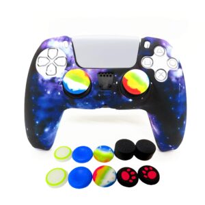 skin for ps5 controller grips, silicone case cover for playstation 5 anti-slip protector with 10pcs thumb joysticks caps (blue starry sky)