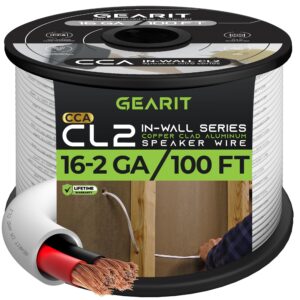 gearit 16/2 speaker wire (100 feet) 16 gauge (copper clad aluminum) - fire safety in wall rated audio speaker wire cable / cl2 rated / 2 conductors - cca, 100ft