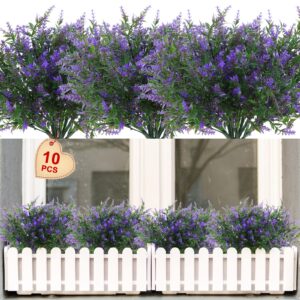 mch 10pcs artificial lavender flowers plants faux shrubs plastic plants for home outdoor garden porch window box décor (purple)