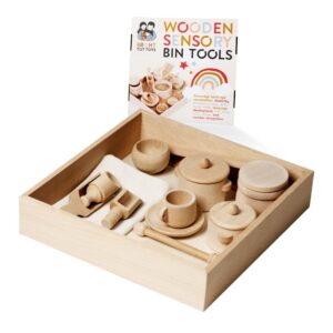 sensory bin tools with wooden box, montessori toys for toddlers & kids, set of 12 wood waldorf toys for transfer work, sensory learning & motor skill development