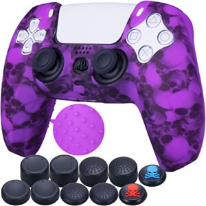 9cdeer 1 piece of silicone transfer print protective cover skin + 10 thumb grips for playstation 5 / ps5 controller skulls purple