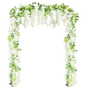 coowas 4pcs artificial flowers (total 24feet) silk wisteria garland hanging vines fake plants greenery for wedding party outdoor garden office home kitchen bedroom wall decor white