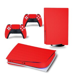 hao carbon fibre skin for ps5 console and 2 controllers sticker same decal, durable, scratch resistant, bubble-free cover compatible with playstation 5 (red,playstation 5 digital edition)