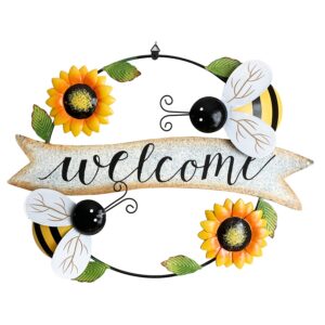 metal sunflower wreath with bees welcome sign decorative vintage metal hanging sign for wall home front door garden porch decor,sunflower spring door wreath indoor outdoor decoration 16''l