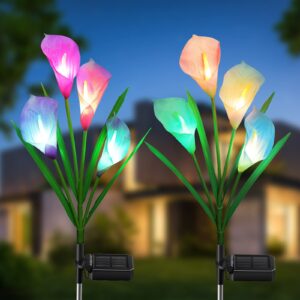 kooper solar lights outdoor decorative, 2 pack solar garden lights with 8 calla flowers 7 color changing led solar powered outdoor lights, waterproof solar lights for garden patio yard decoration