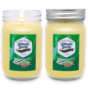 set of 2 large citronella candles for summer scented, 11oz long lasting mason glass jar candle for patio garden yard home kitchen bedroom, outdoor and indoor