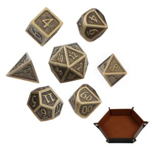 yeking metal dnd dice set d&d, brass dnd metal dice with metal brass box for table games dungeons and dragons d&d, ancient design dice 7pcs of d20 d12 d10 d8 d6 d4 for dungeons and dragons ttrpg games