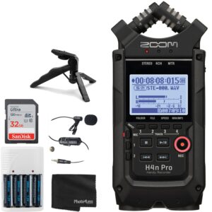 zoom h4n pro 4-input / 4-track portable handy recorder with onboard x/y mic capsule (black) + 32gb memory card + professional lavalier condenser microphone + 4 aa batteries and charger