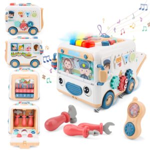 ownone 1 baby activity cube toy, musical school bus toy for toddlers 1-3, learning music toy birthday gift for baby boys & girls 1 2 3 years old