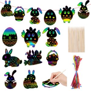 kmuysl easter crafts kit for kids- 64pcs scratch art rainbow scratch paper - 8 shapes hanging ornaments tags easter toy for boys and girls + 32 wooden styluses