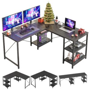 bestier l shaped gaming desk with shelves 95.2 inch reversible corner computer desk or 2 person long table for home office large writing storage workstation p2 board with 3 cable holes, carbon fiber