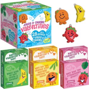 peaceable kingdom valentines cards for kids classroom, set of 28 valentines day gifts - silly jokes with fruit charms