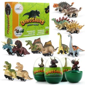 lihao 12 pack dinosaur pull back cars with jumbo eggs, filled easter eggs with toy inside for easter basket stuffers, party favors, egg hunt dinosaur birthday party favors supplies