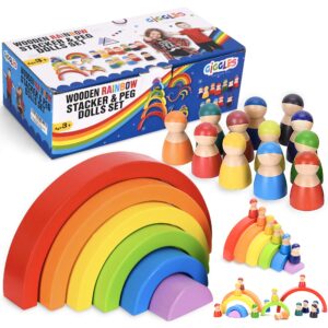 wooden rainbow stacking toy playset – 6 colorful stacking blocks & 12 wooden people, rainbow baby toy, rainbow stacker & brain development – rainbow toy & puzzle montessori rainbow